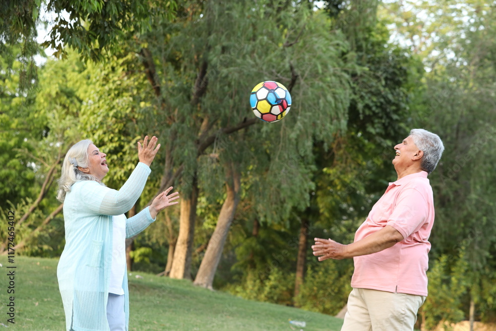 Indian senior happy couple playing football in garden Stock Photo ...