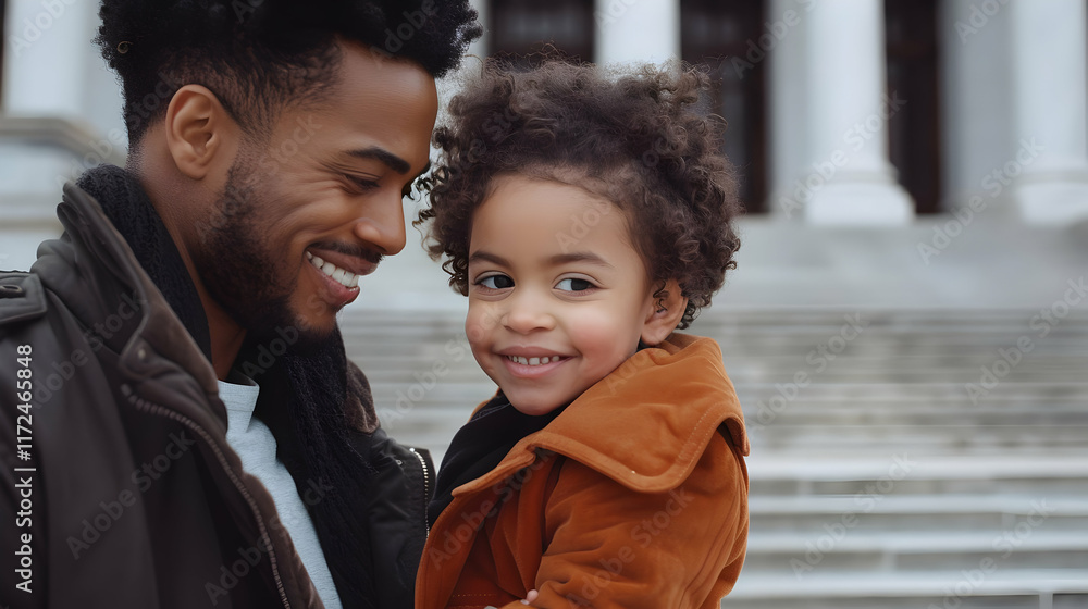High-resolution capture of a mixed-race family adoption day, courthouse ...