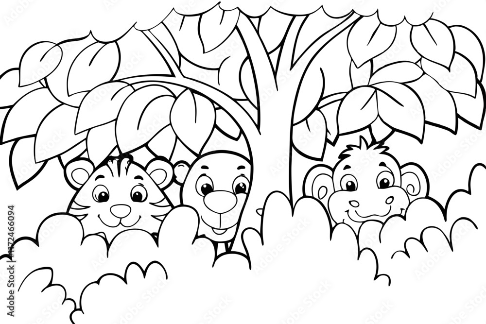 Jungle Animals Hiding Coloring Page Tiger, Bear, Monkey Stock Vector ...