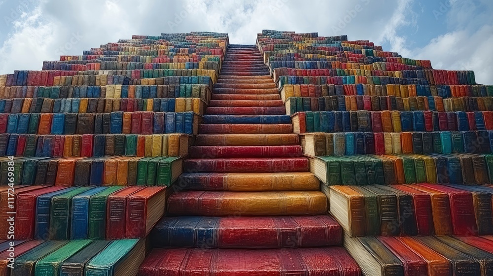 Staircase made of floating book pages leading to a library in the sky ...