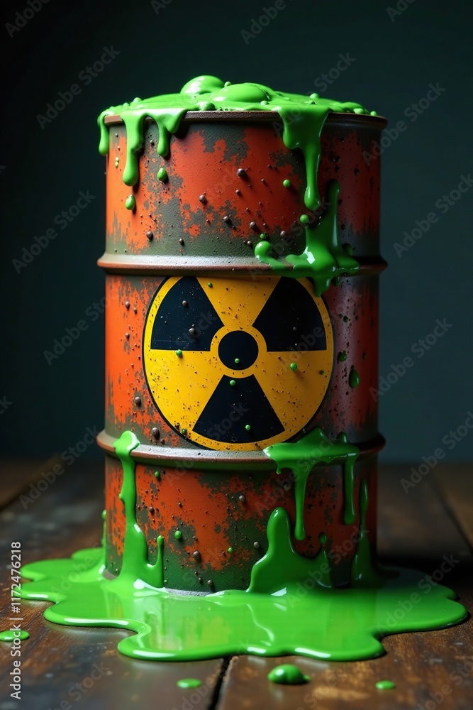 Faux radioactive waste barrel with rusty exterior, murky green liquid ...