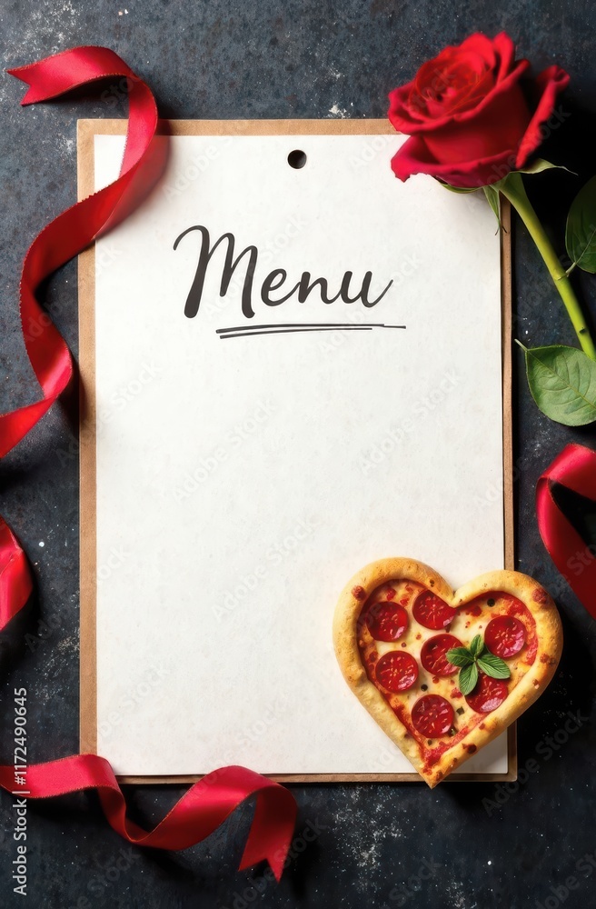 Romantic menu with heart-shaped pizza and red rose on dark background ...