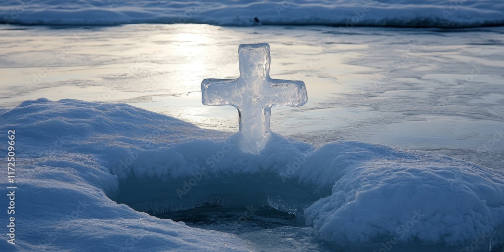 Christian symbol of the cross fashioned from ice, positioned on frozen ...