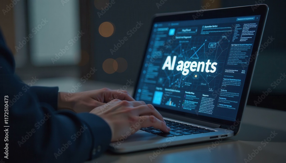 Person using laptop with AI agents screen on display, business and ...