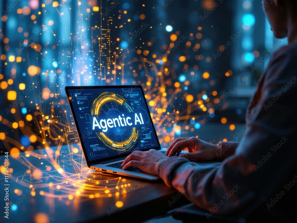 Person Using Laptop With Agentic AI Display, Showing Dark Blue Glowing ...