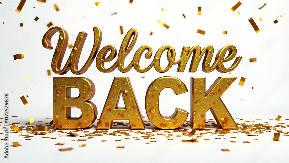 'confetti Welcome back rendering celebration 3D text gold template ...