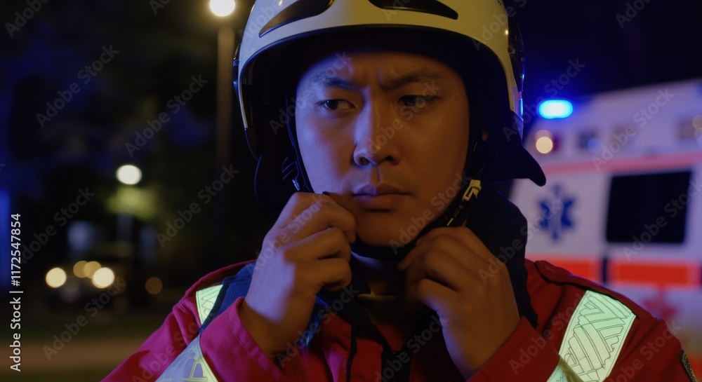 Asian male emergency responder at night with ambulance background Stock ...