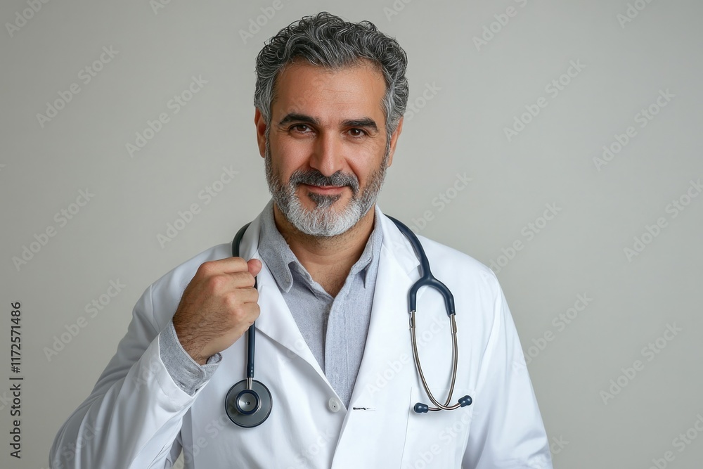 Confident doctor in white coat holds stethoscope, radiating prof Stock ...