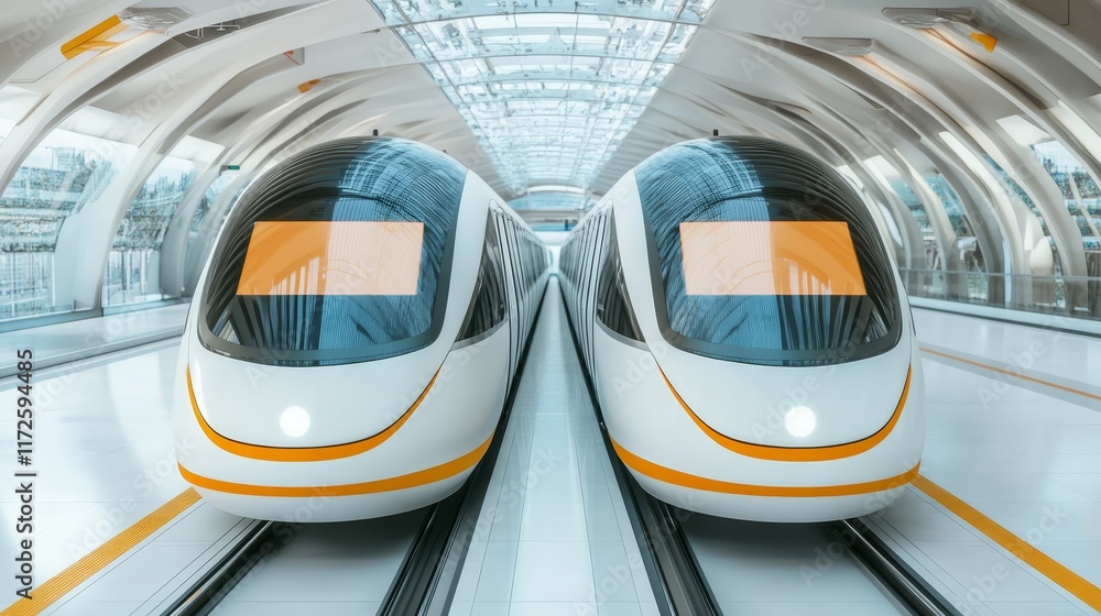 Two trains at station, glimpse into modern rail travel and ...