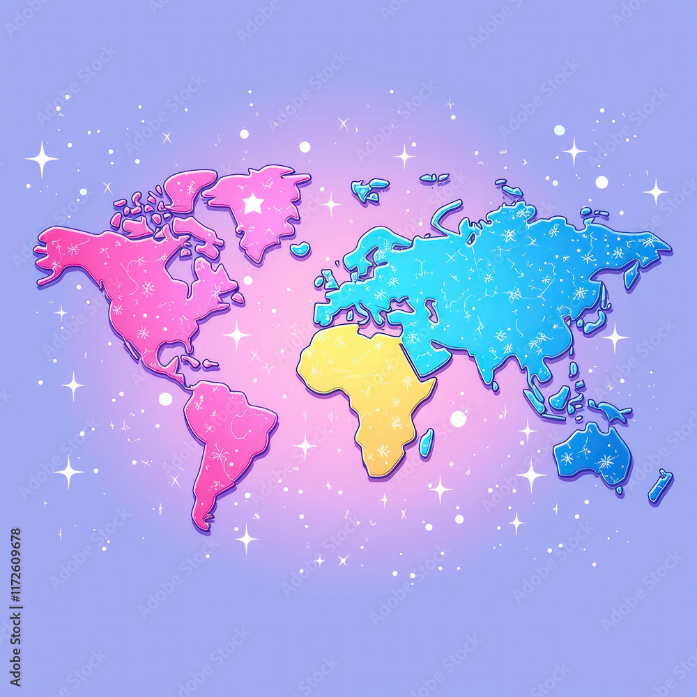 Colorful sparkling world map on starry pastel background for kids ...