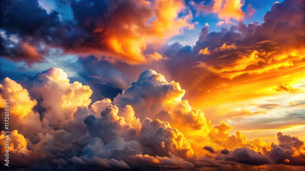 Above the clouds, a golden hour sunset paints a dramatic sky with breathtaking cloud formations ...