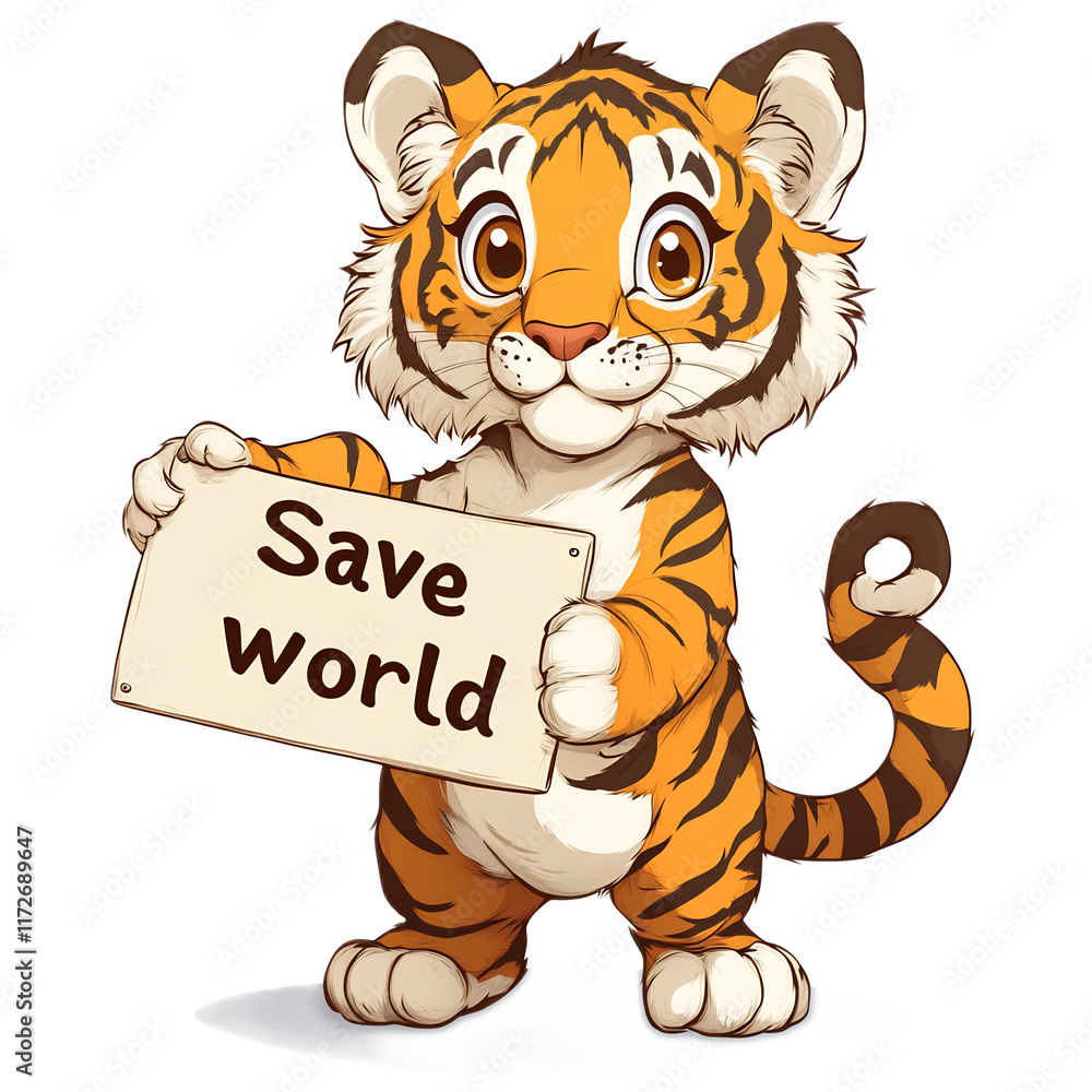 Adorable Tiger Character Holding a 'Save World' Sign in an ...