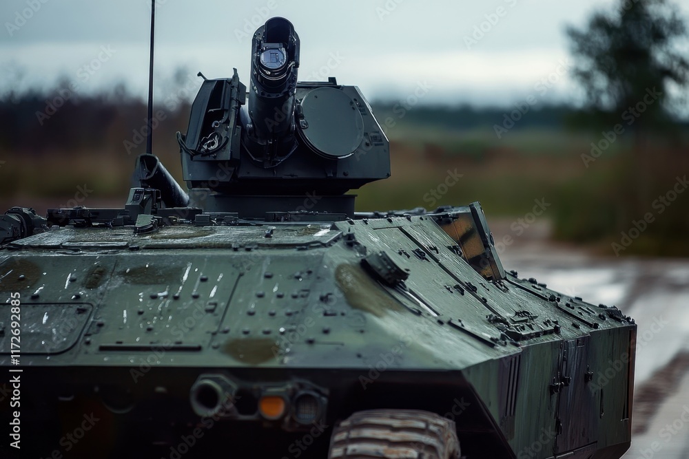 Military armored vehicle on display in a training area during overcast ...