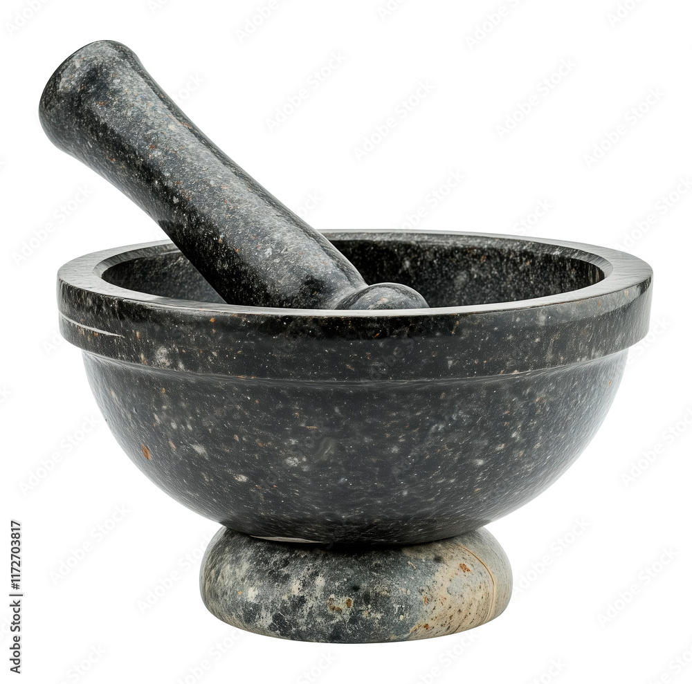 Classic granite mortar and pestle for kitchen use isolated in a ...
