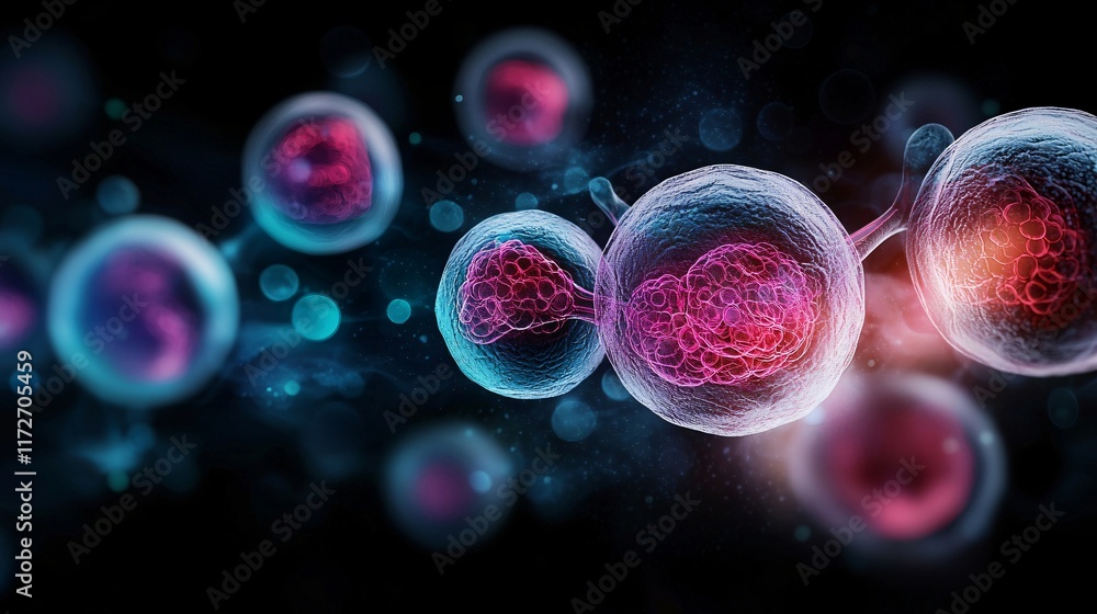 Microscope view of bioengineered cells glowing in different colors ...