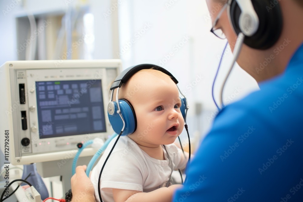 Audiologist performing hearing test on baby using special headphones ...