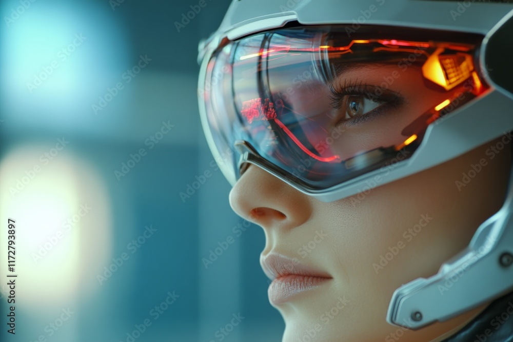 Futuristic athlete wearing advanced goggles and concentrating in a high ...