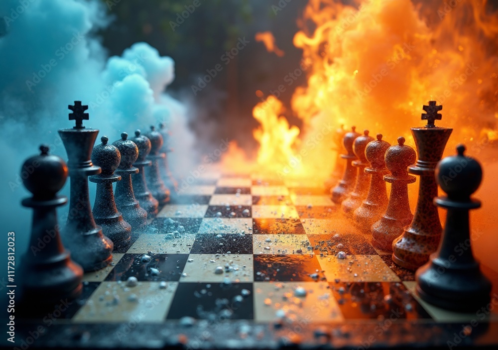 Chess battle between ice and fire with dramatic smoke and flames on a ...
