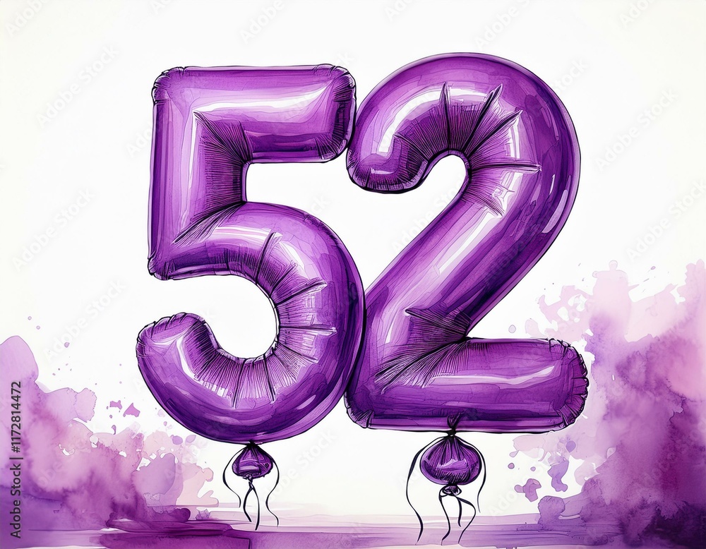 Purple birthday / anniversary balloon, number 52, watercolor painting ...
