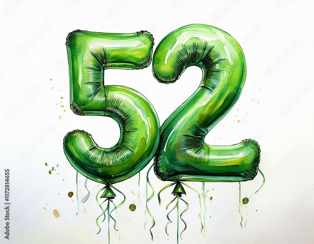 Green birthday / anniversary balloon, number 52, watercolor painting ...