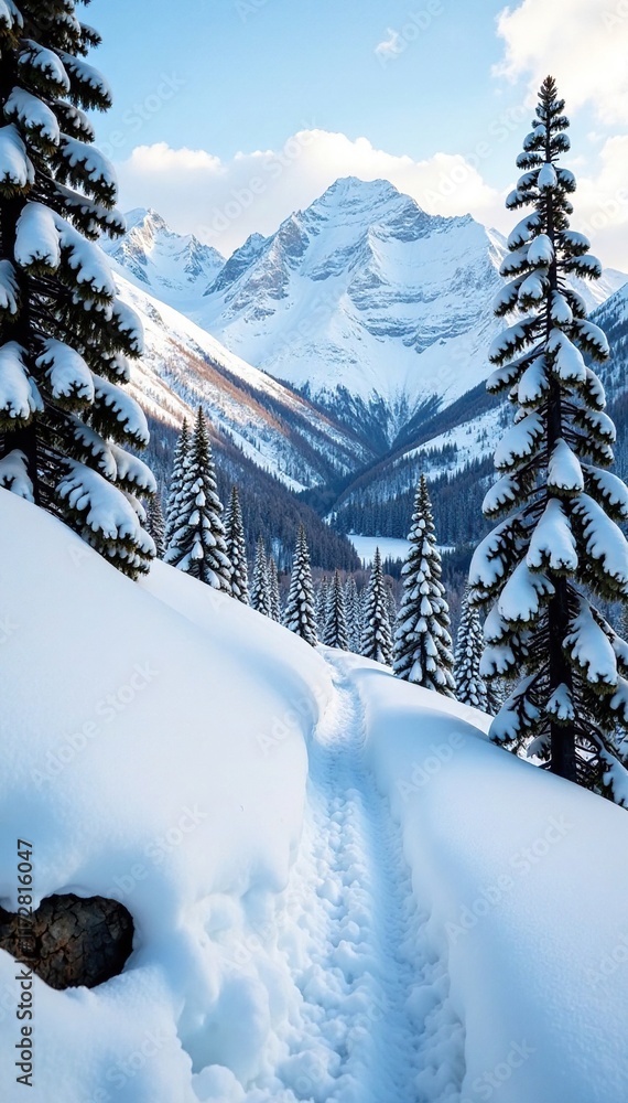 Freshly fallen snow on a mountain trail in Telluride Colorado ...