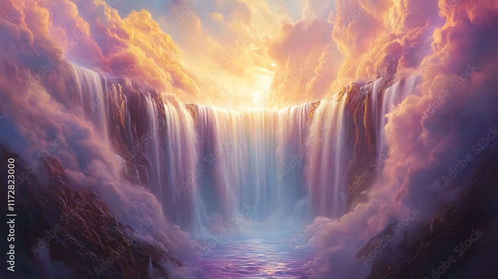 Cascading magical waterfalls pouring into a radiant pool under a ...
