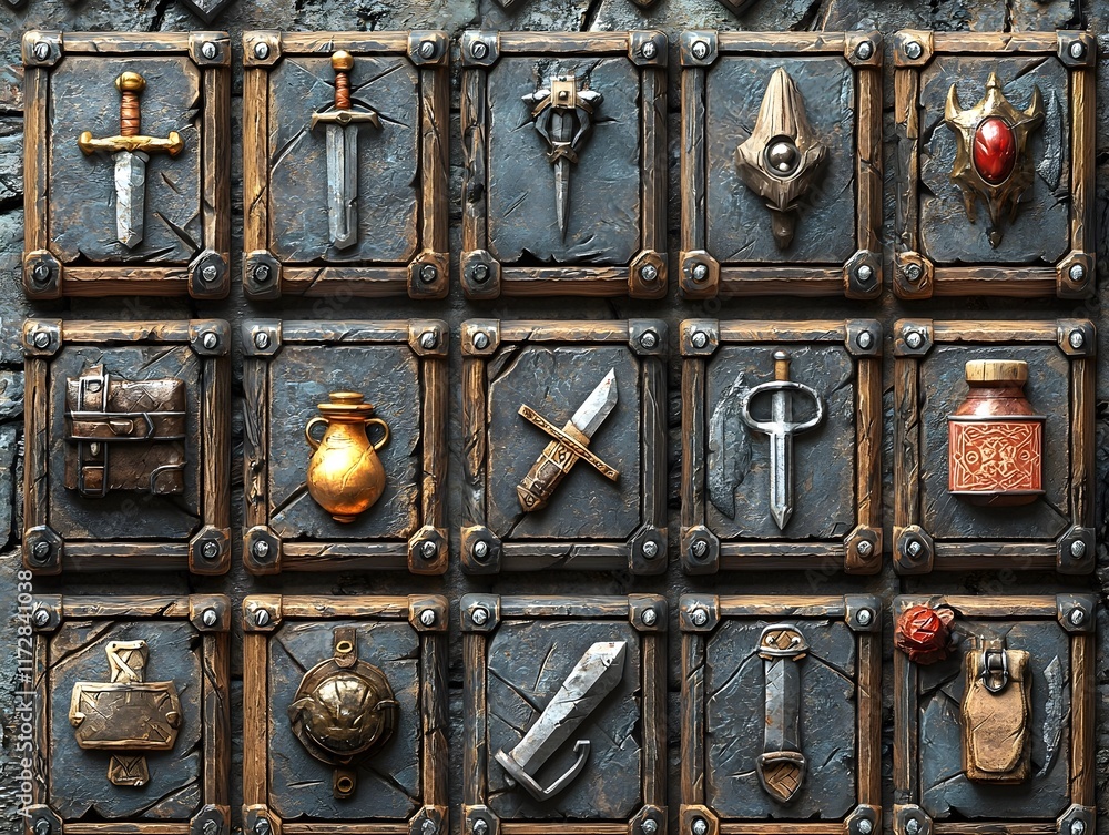 3D RPG inventory icons featuring weapons potions armor and tools on ...