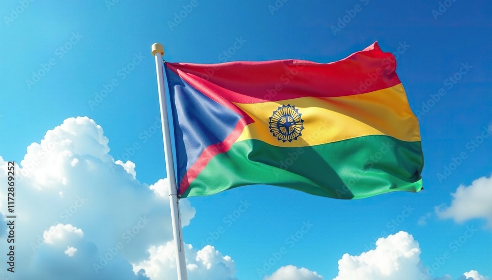 Transejente firme bajo un cielo azul con la bandera de la LGTBQ ...