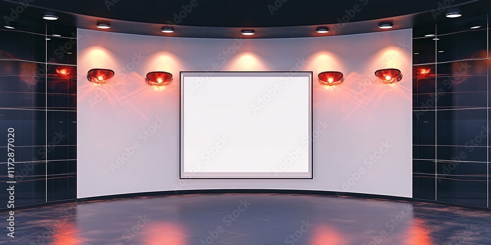Empty room with a billboard on stage, featuring a blank screen, lighted ...