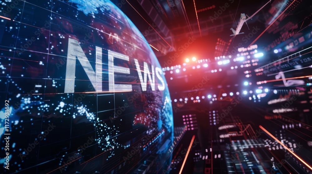 Dynamic digital news studio with 3d rotating earth and animated news ...