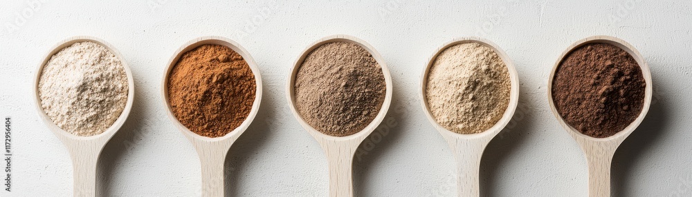 Five wooden spoons filled with different types of powdered spices or ...