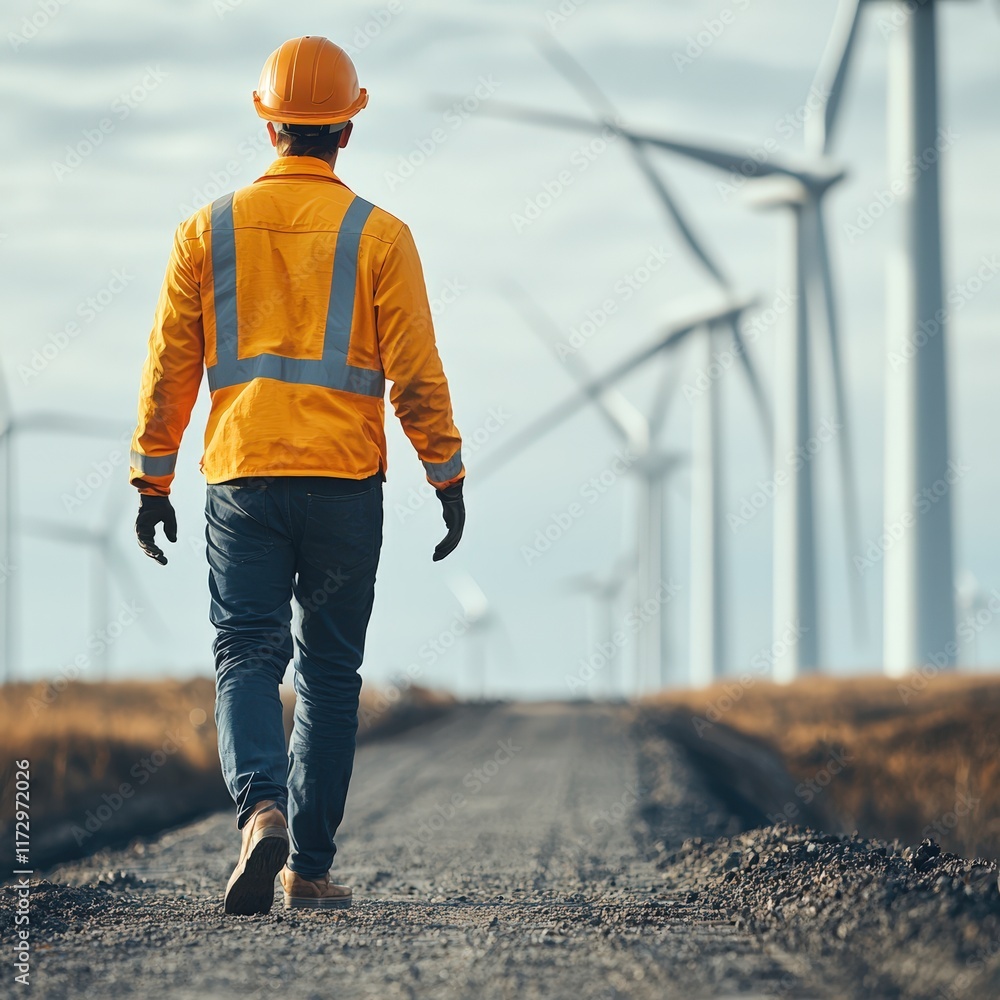 Engineer walking through industrial wind farm site sustainable energy ...