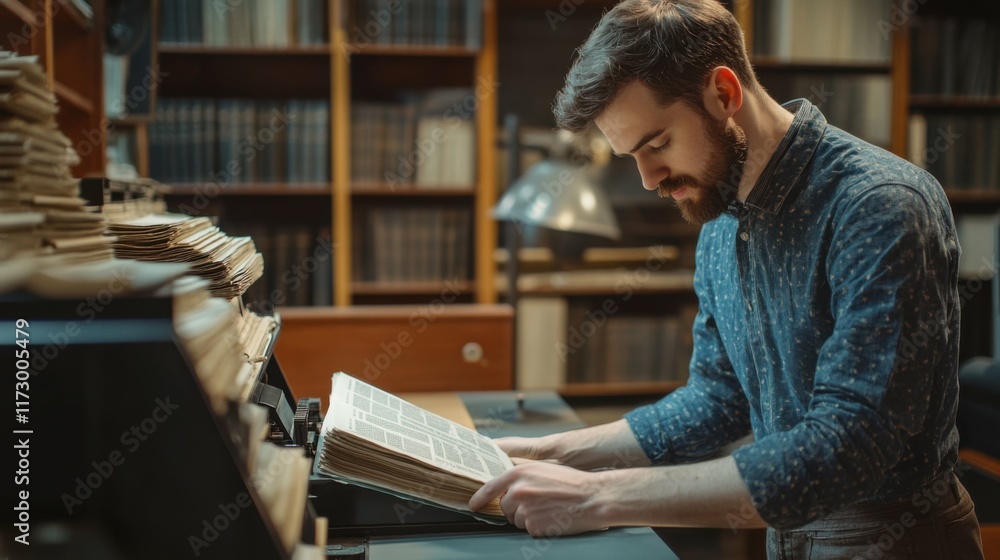 Archivist using a microfilm reader to study old newspapers, combining ...