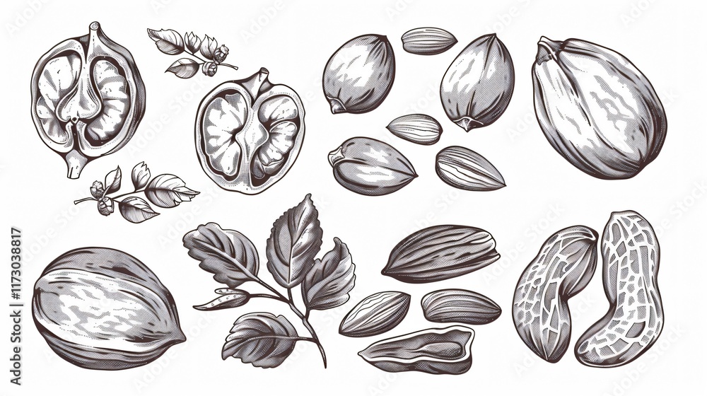 Nut and seeds sketch outline engraving with pop elements Stock ...