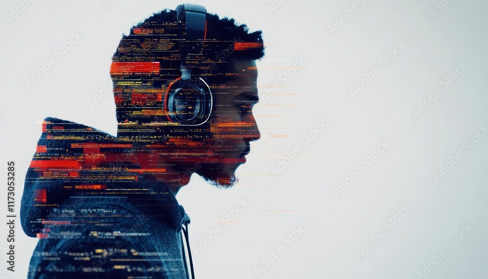 Decoding the Digital Soundscape, Man with Headphones Immersed in a ...