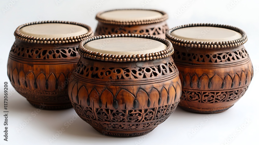 Classic tabla set with intricate carvings displayed on a white ...