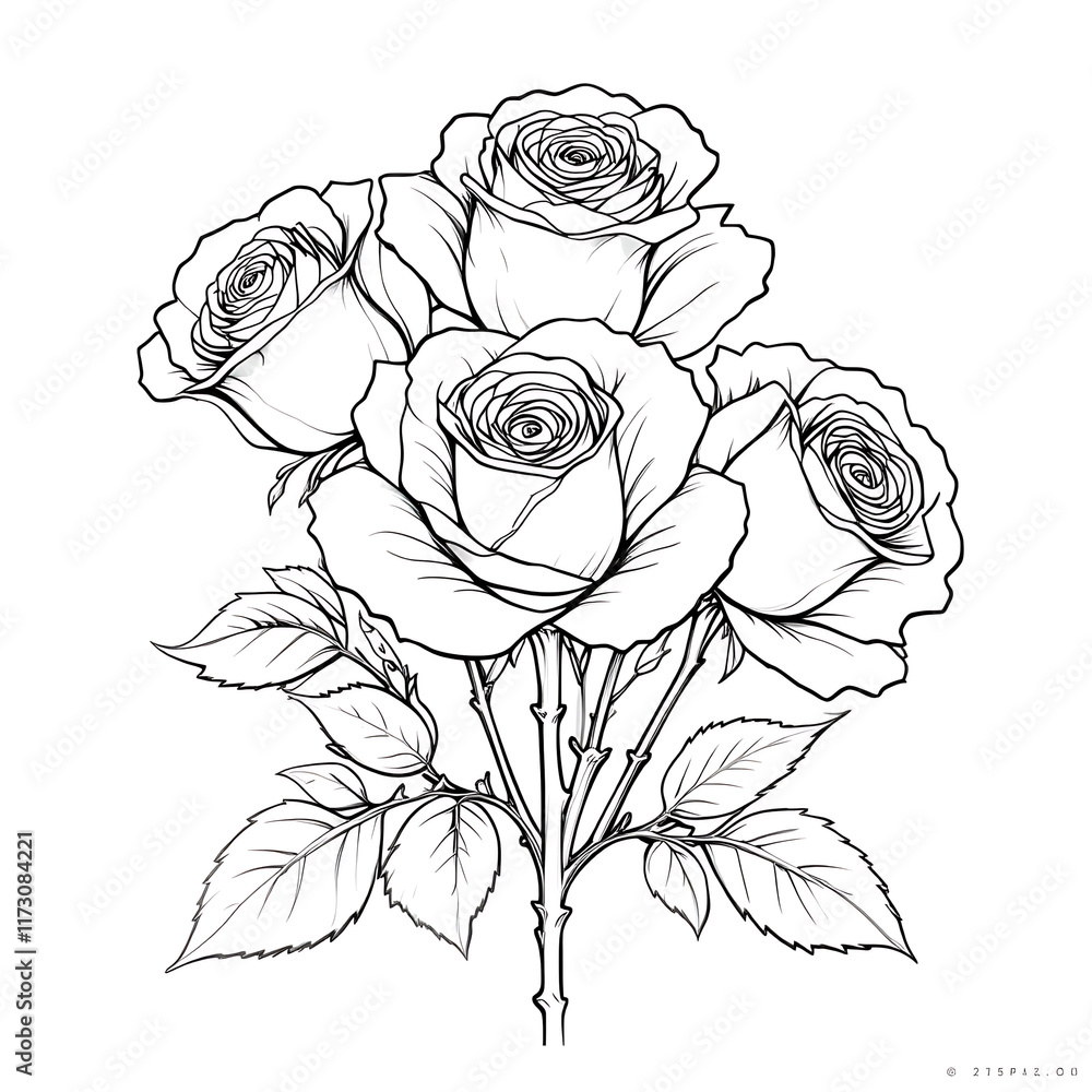 Rose Coloring Pages, thin clean line art with no shading or texture ...