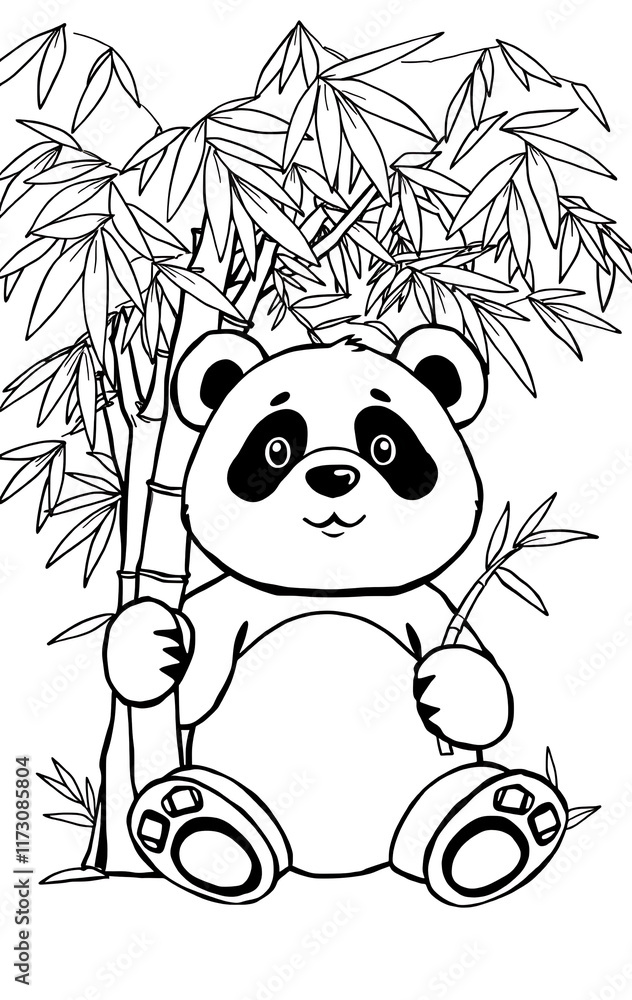cute cartoon panda, bamboo plant, black and white line drawing ...