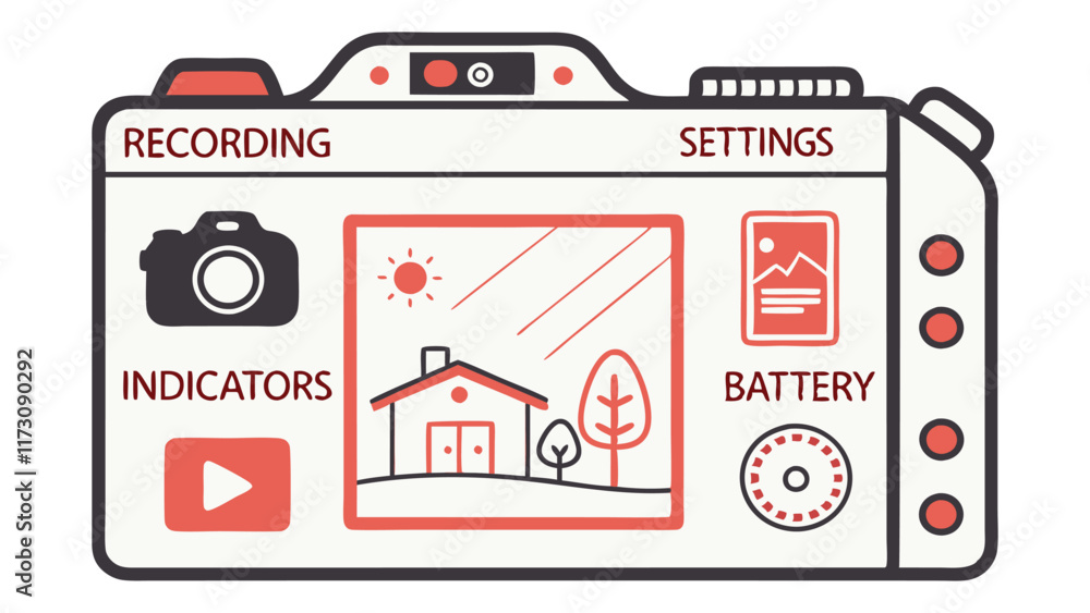 Stylized Illustration of a Camera Interface with Recording and Settings ...