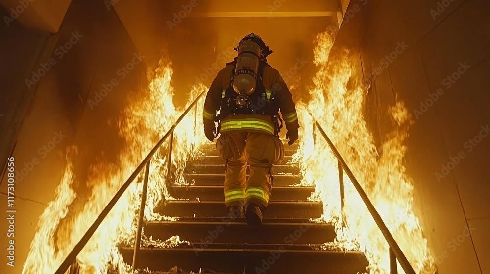 Strong and brave firefighter going up the stairs in a burning building ...
