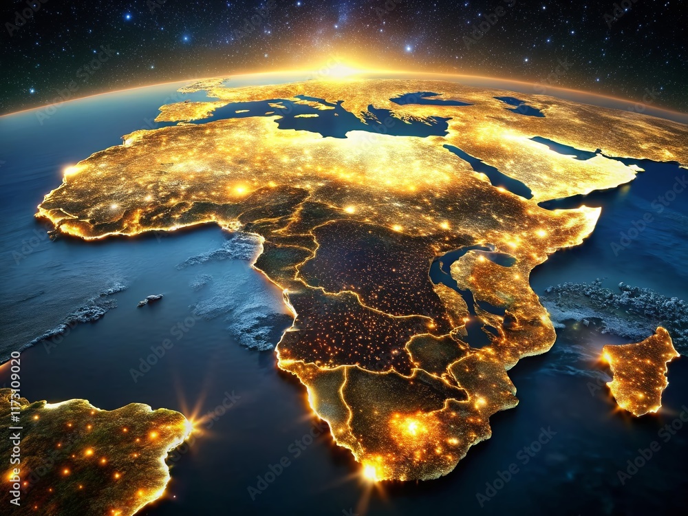 Africa 3D Golden Map Night Photography: Illuminated Continent at Night ...