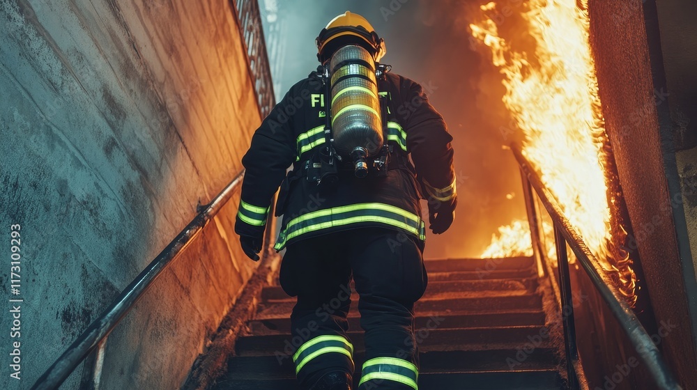 Strong and brave firefighter going up the stairs in a burning building ...