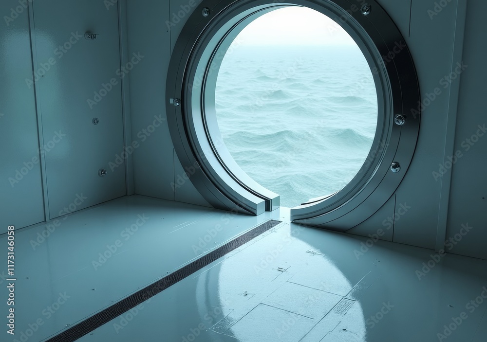 Unique underwater entrance with circular hatch and tranquil water view ...