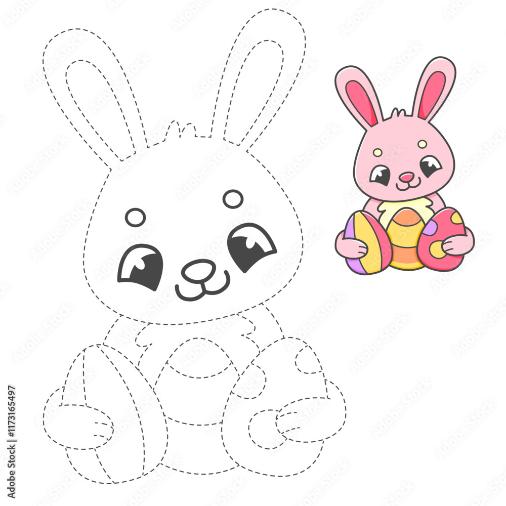 Trace and color coloring book with pink rabbit with Easter eggs for ...