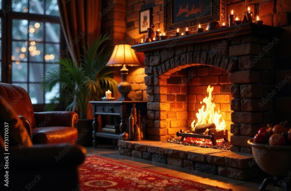 featuring a cozy fireplace in winter with flickering flames, warm ...