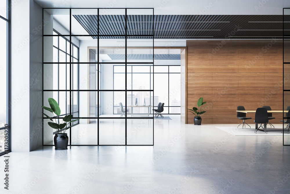 Modern office interior with glass partitions, wooden walls, and ...