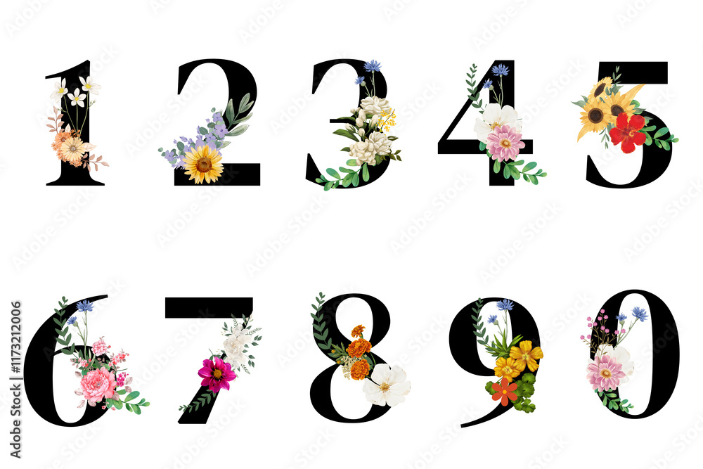 Watercolor floral Numbers 0 to 9 with flowers and eucalyptus leaves ...