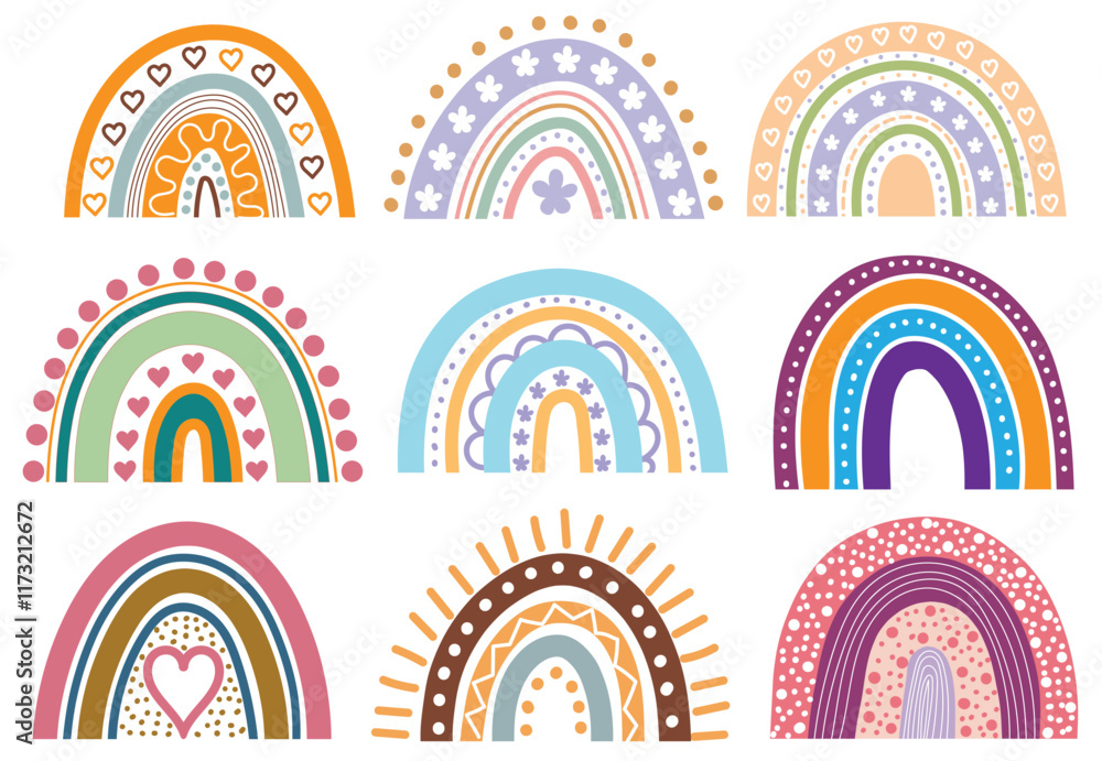 Stylish colourful rainbows vector illustrations design bundles. Cartoon ...