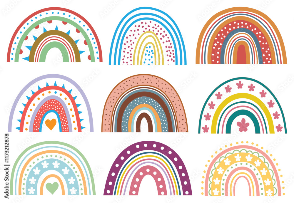 Stylish colourful rainbows vector illustrations design bundles. Cartoon ...