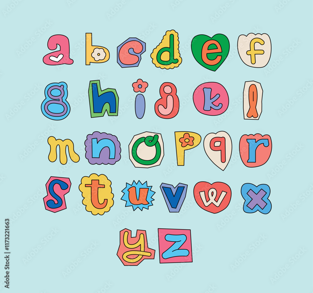 Cute collage style alphabet lowercase letters. colorful hand drawings ...